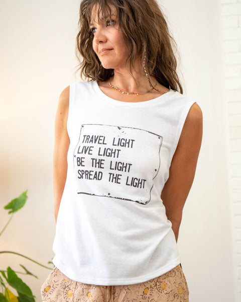 TRAVEL LIGHT - White Muscle Tee – SuperLoveTees | Graphic Tees Inspired ...