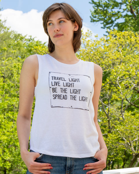 TRAVEL LIGHT - White Muscle Tee – SuperLoveTees | Graphic Tees Inspired ...
